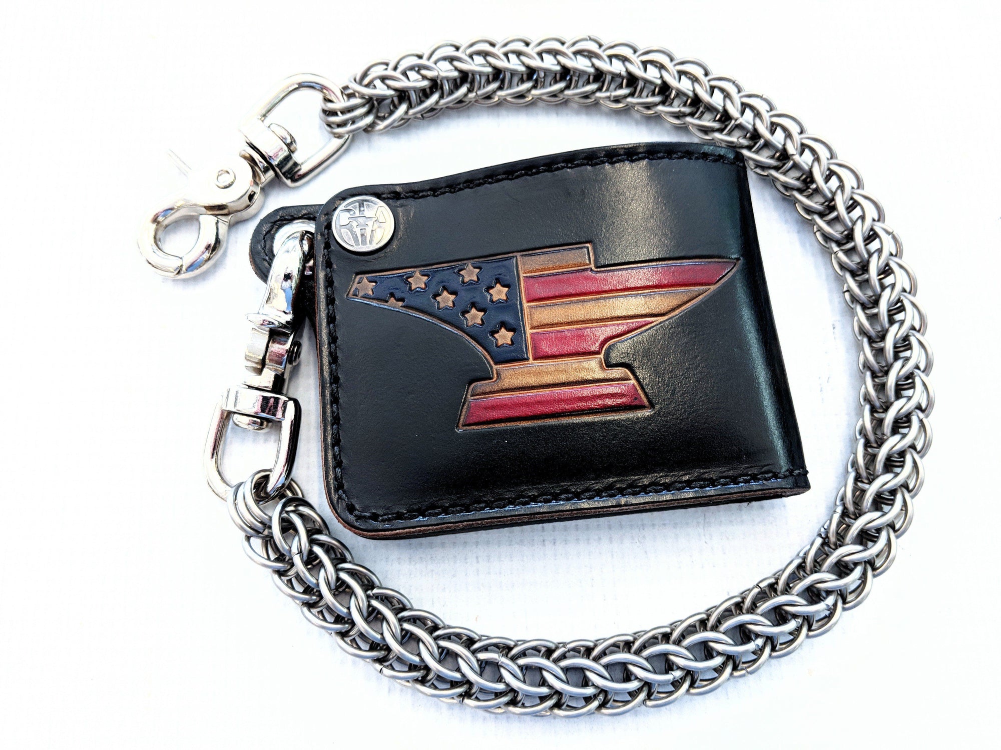 Hand Stained Mini Bifold Leather Chain Wallet - Anvil American Flag ...
