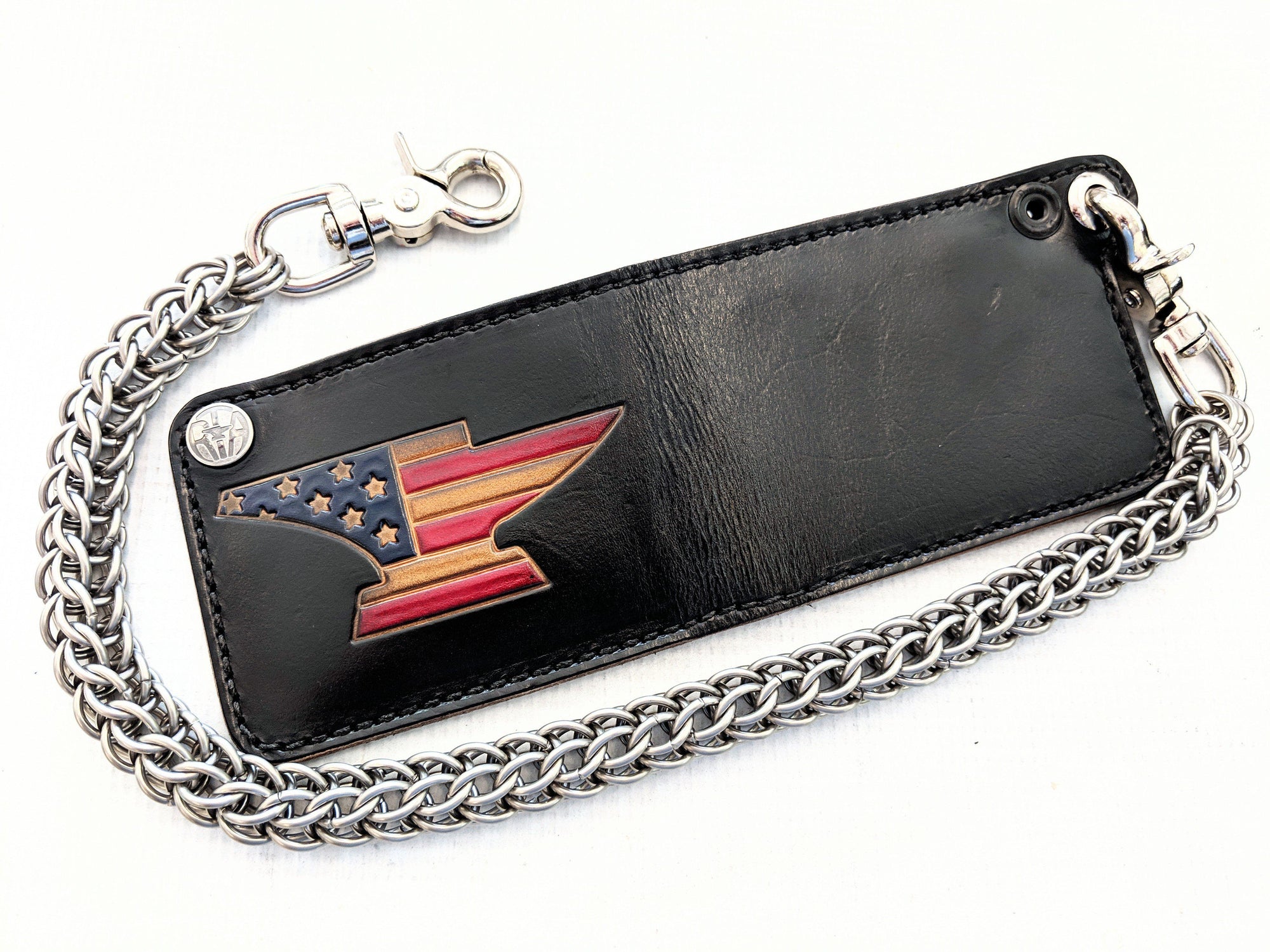 Hand Stained Mini Bifold Leather Chain Wallet - Anvil American Flag ...
